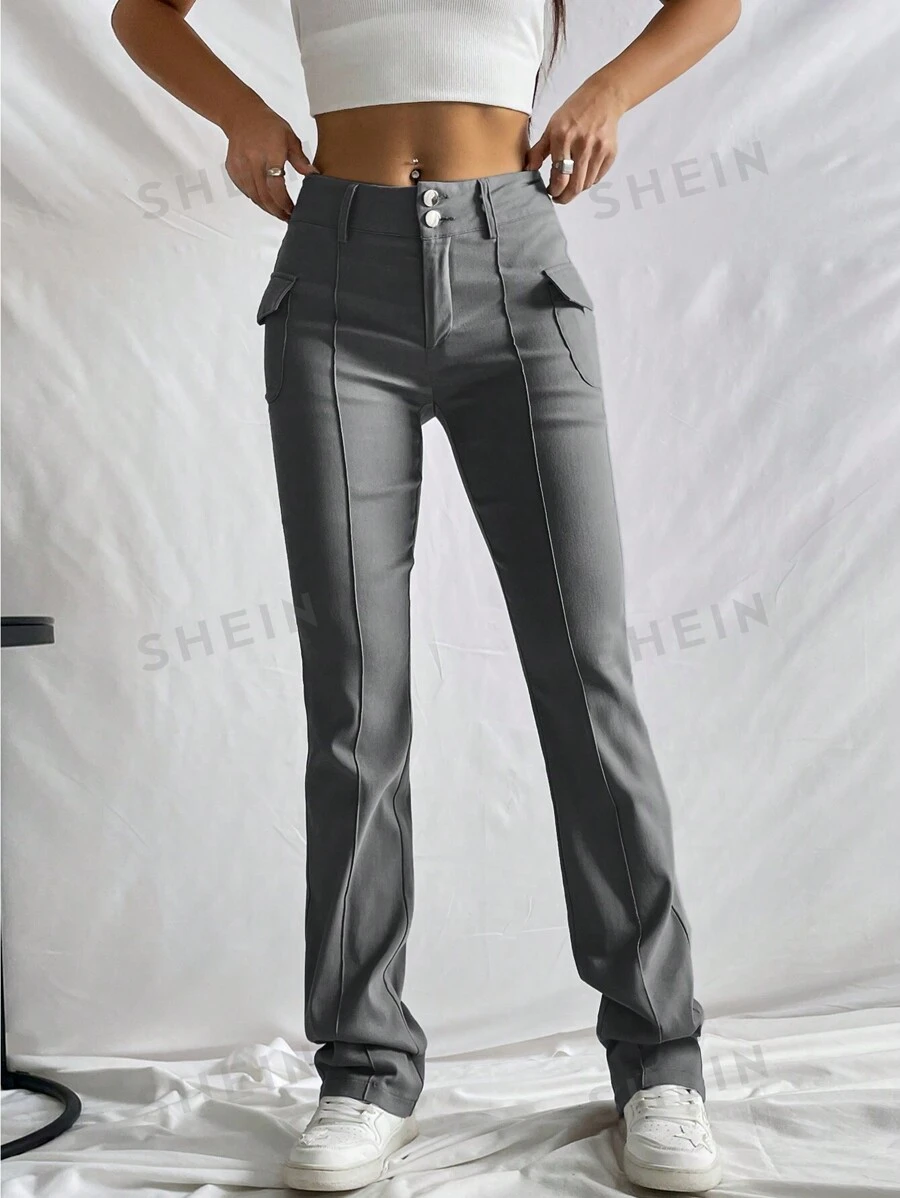 SHEIN EZwear Retro Style Grey Flap Detail Seam Detail Pants | SHEIN USA