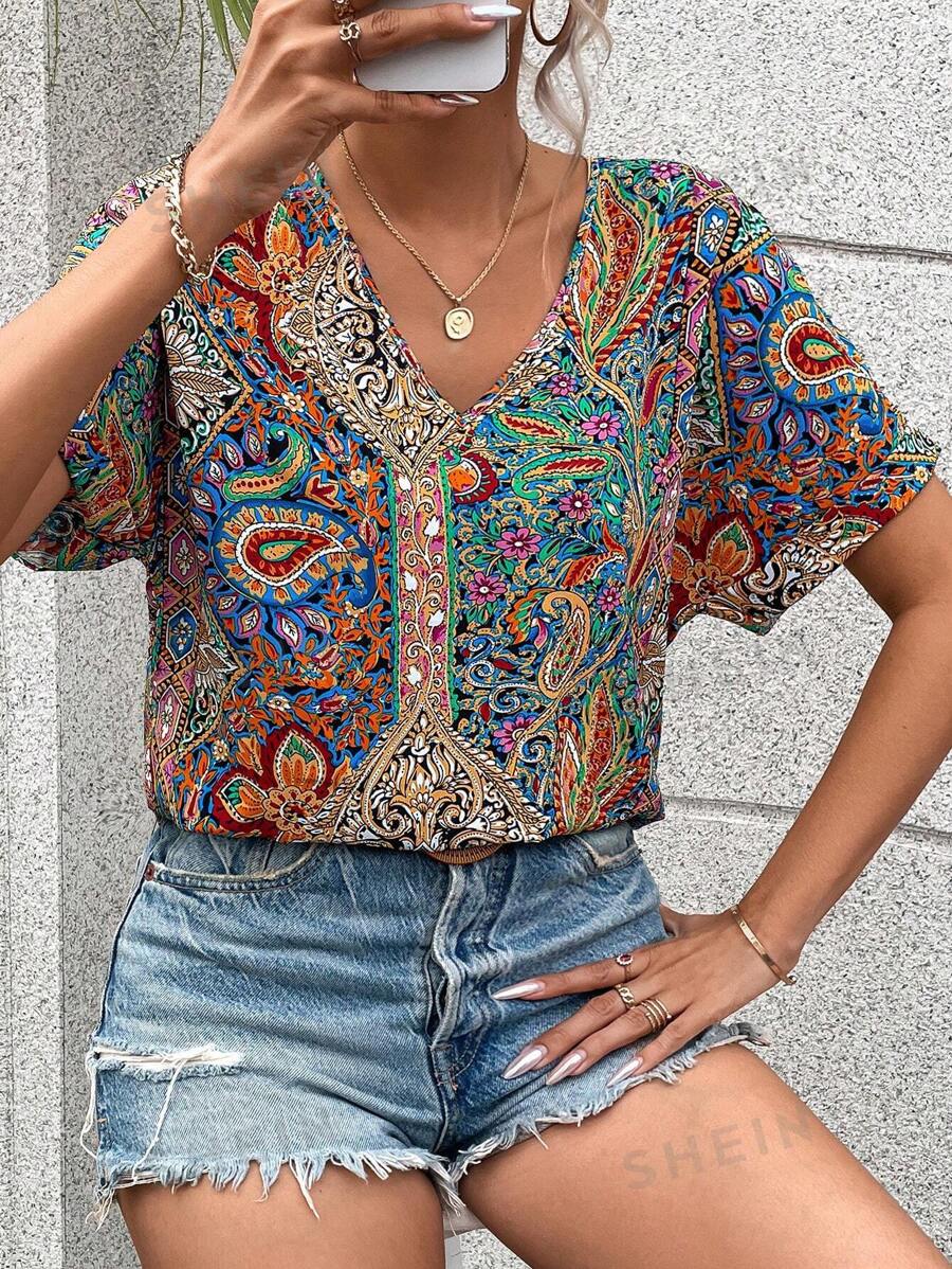 Shein Lune Paisley Print Batwing Sleeve Blouse Shein Usa