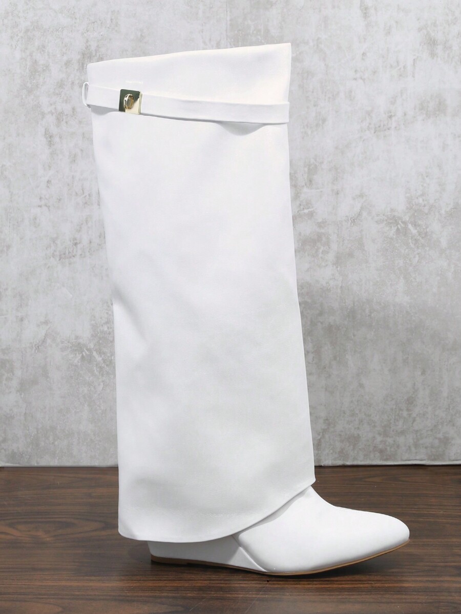 SHUZIA Women's Knee High Fold Over Cuffed Pointy Toe High Heel Wedged Boots Summer Shoes Spring ...