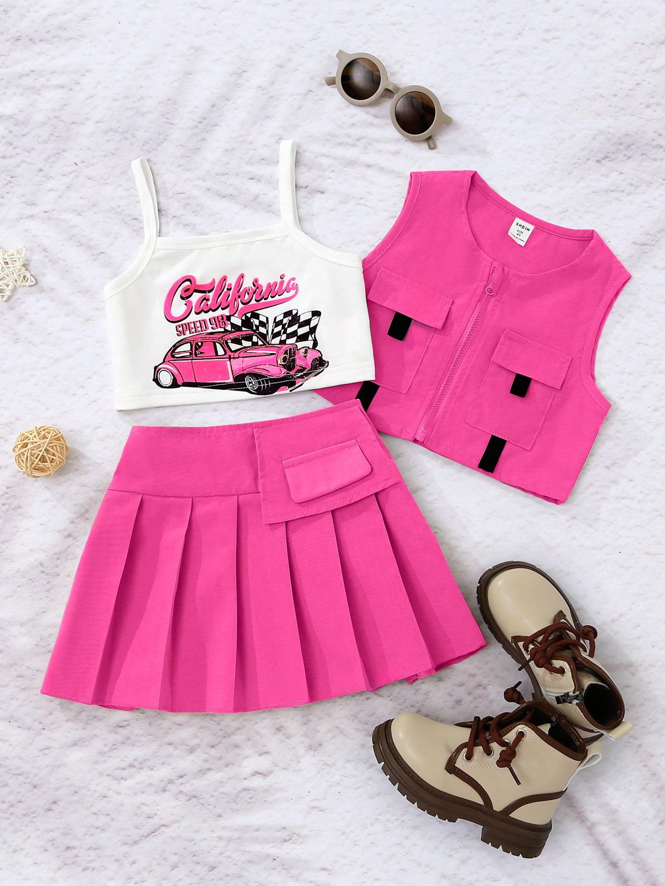 SHEIN Kids FANZEY Young Girl Car & Letter Graphic Cami Top & Pleated ...