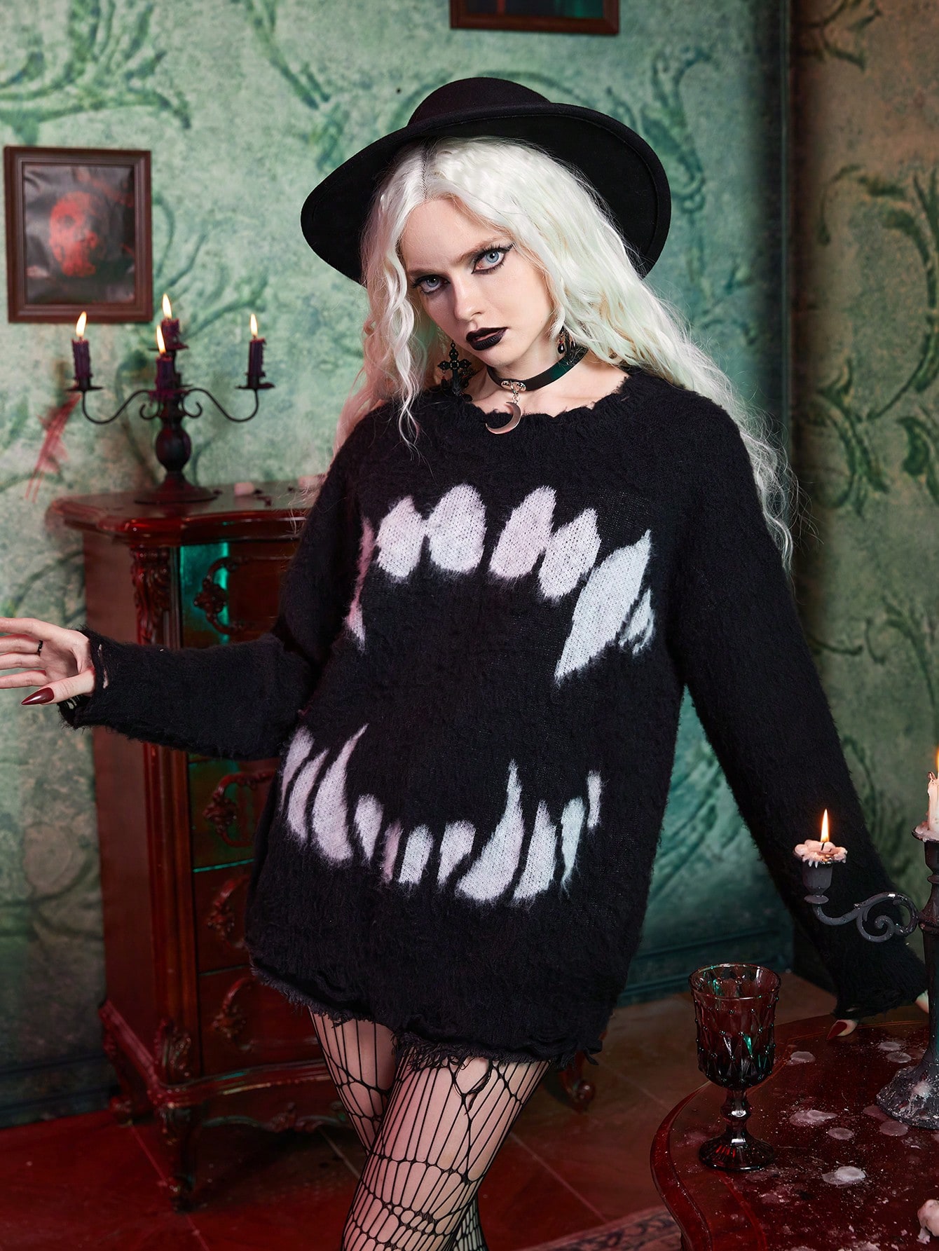 ROMWE Goth Sweater With Patterned Distressed Holes | SHEIN USA