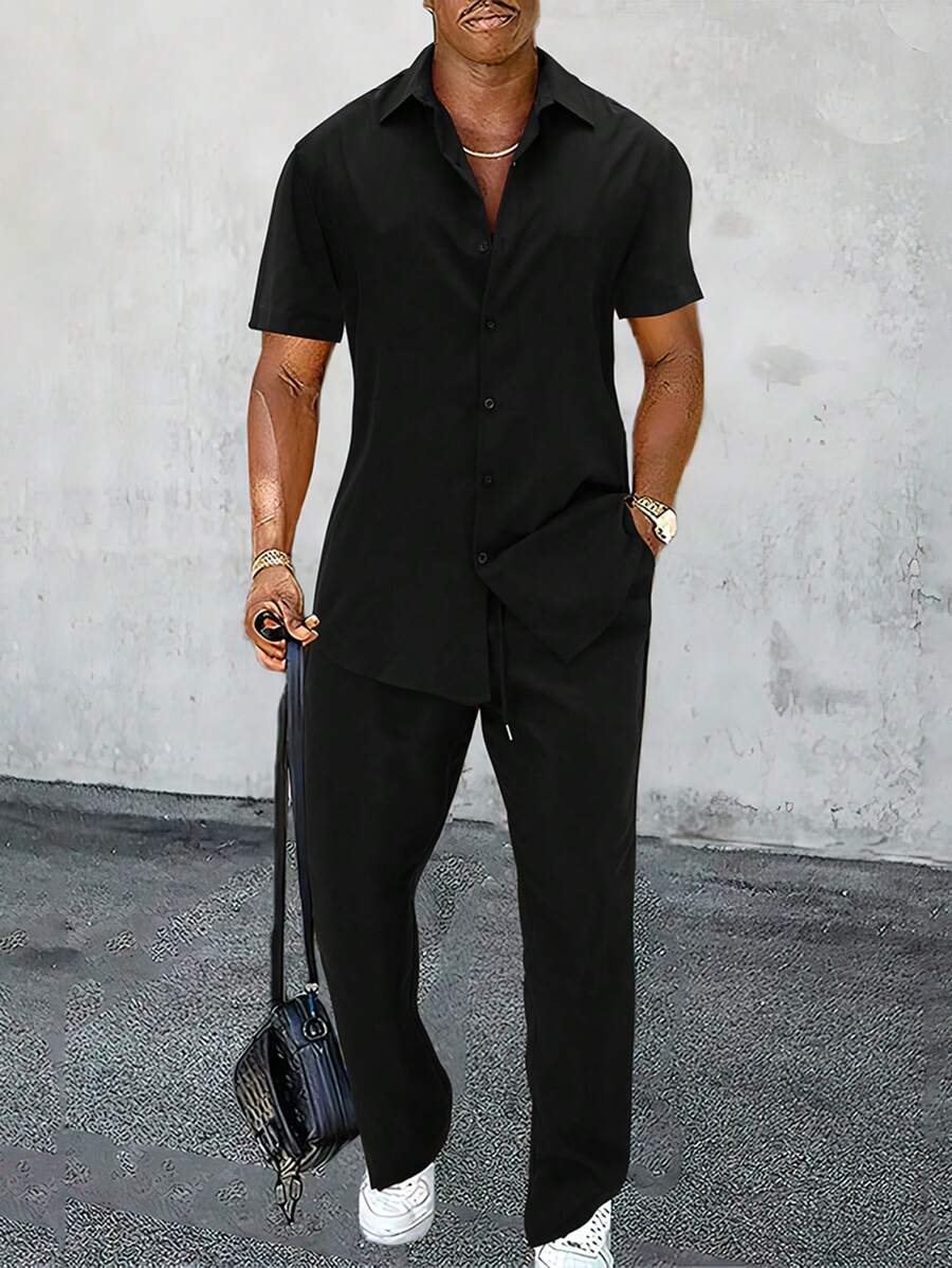 Manfinity Homme Men Solid Button Up Shirt & Drawstring Waist Slant ...