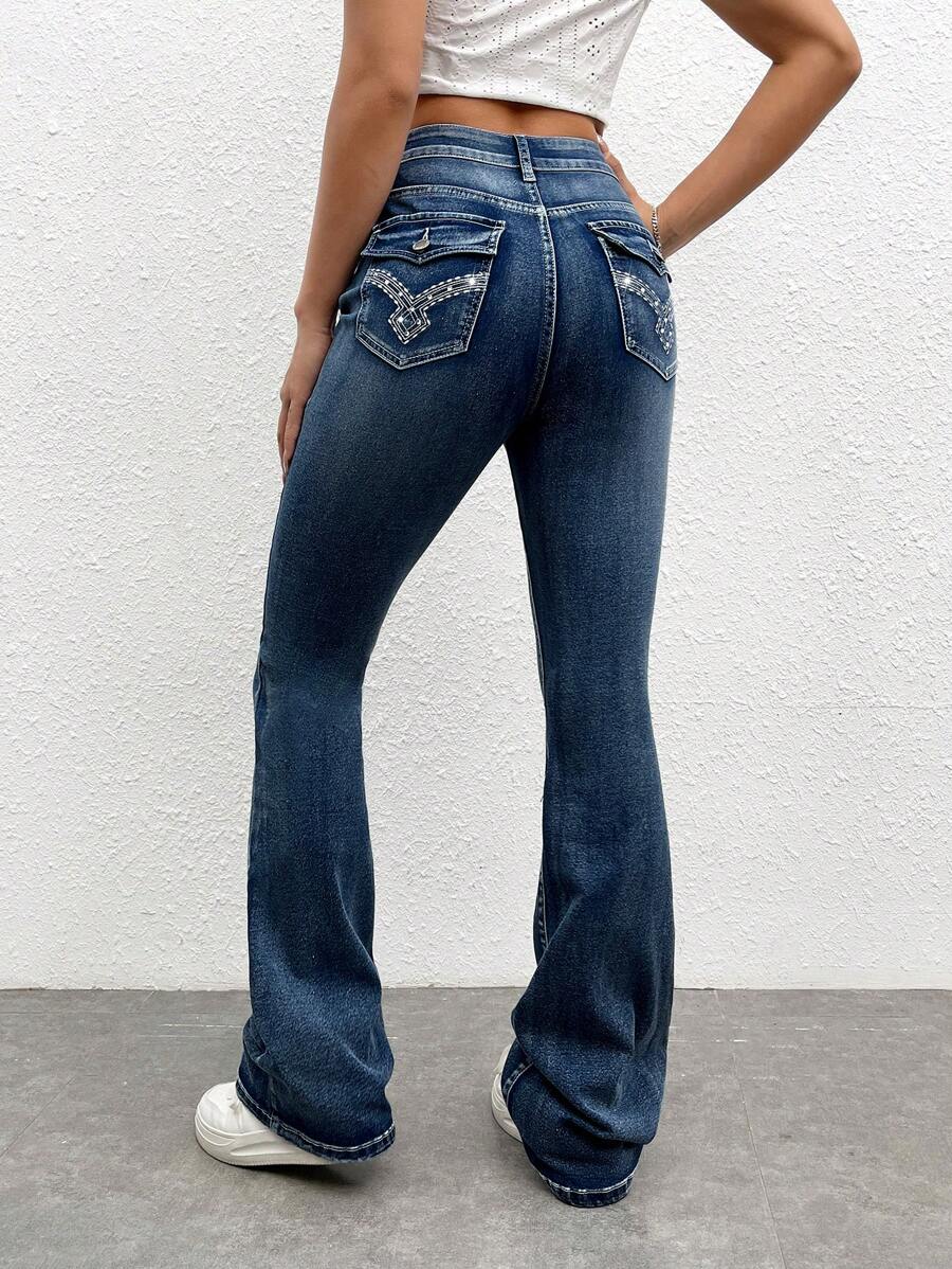 SHEIN EZwear Rhinestone and Embroidery Detail Flare Leg Jeans | SHEIN USA