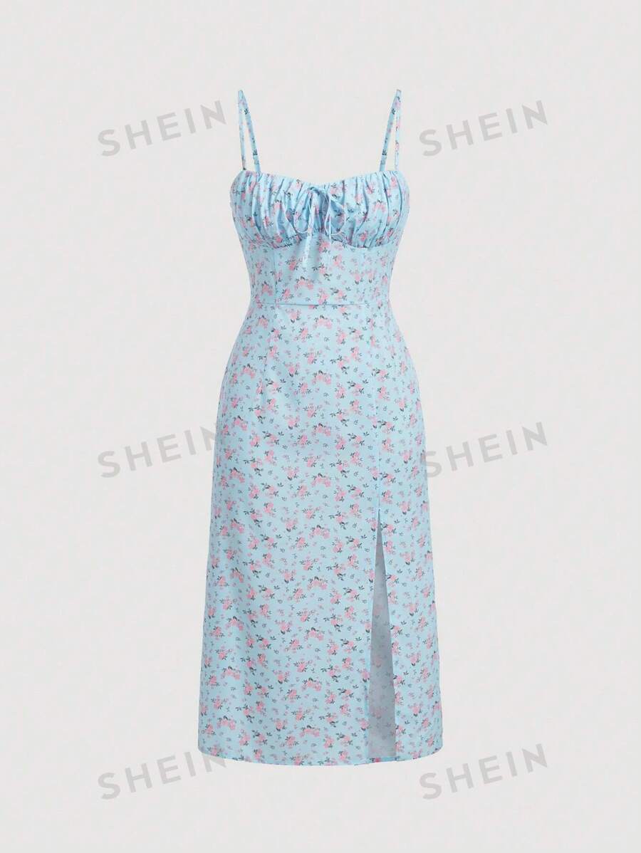 SHEIN MOD Ditsy Floral Print Pink Floral Pattern On Blue Background ...