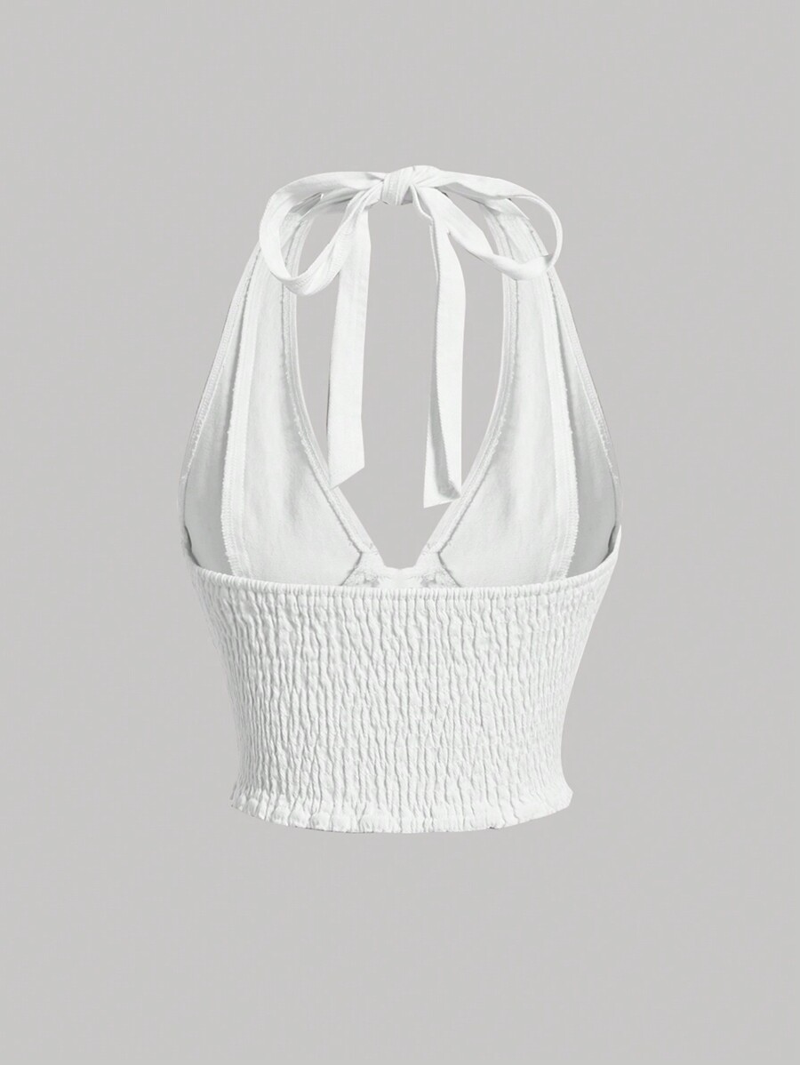 SHEIN MOD Lace Up Front Halter Neck Denim White Summer Eyelet ...