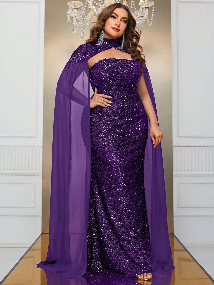 Giffniseti Plus Cloak Sleeve Sequin Formal Dress | SHEIN USA