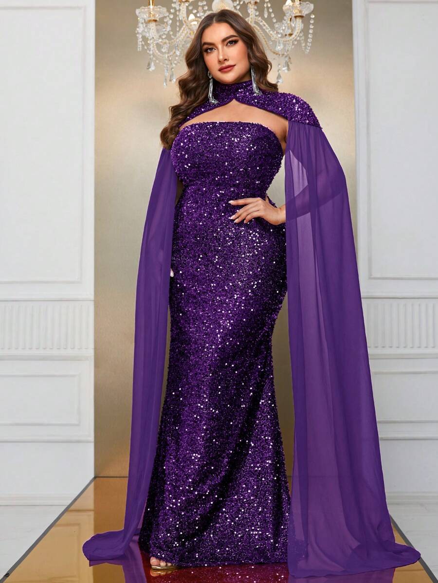 Giffniseti Plus Cloak Sleeve Sequin Formal Dress | SHEIN USA