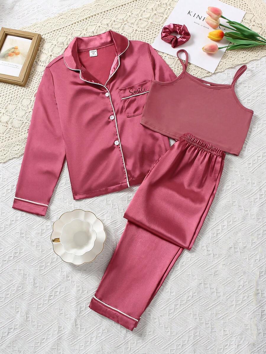 Tween Girl Contrast Piping Satin PJ Set | SHEIN UK