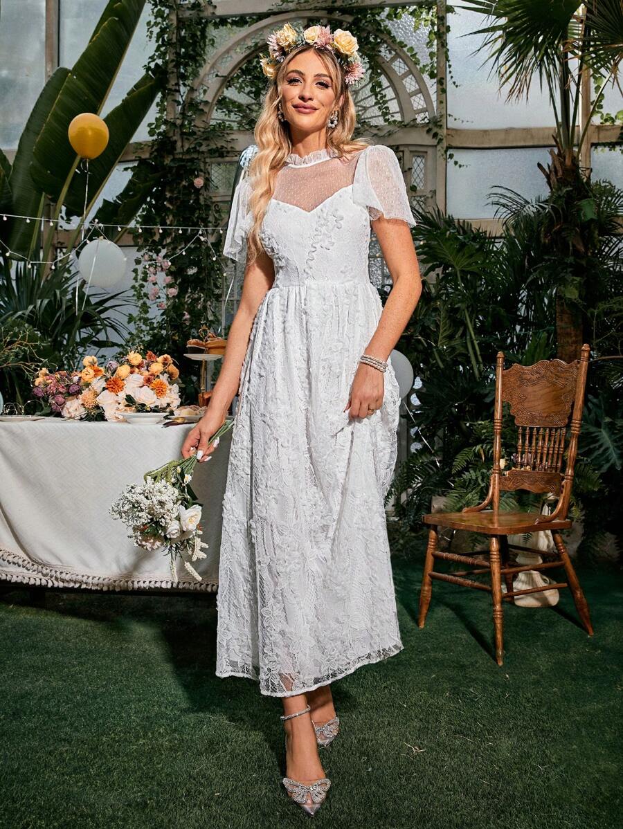 Simplee Puff Sleeve Lace Wedding Dress Without Veil | SHEIN USA