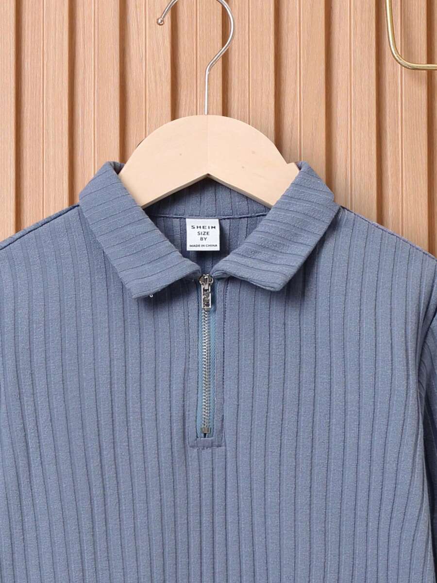 SHEIN Tween Boy Ribbed Knit Quarter Zip Polo Shirt | SHEIN USA
