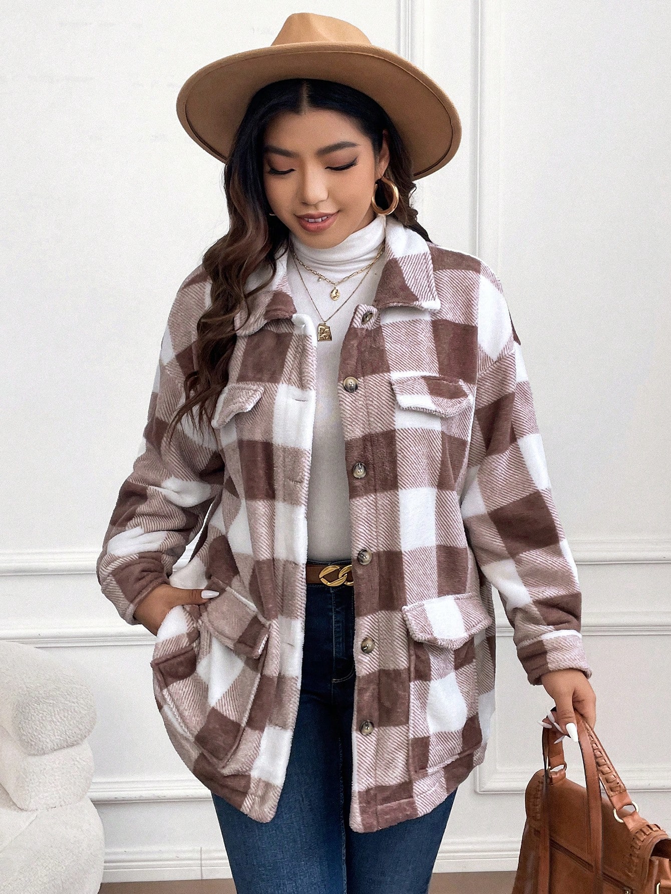 SHEIN Frenchy Plus Buffalo Plaid Pattern Drop Shoulder Flap Pocket ...