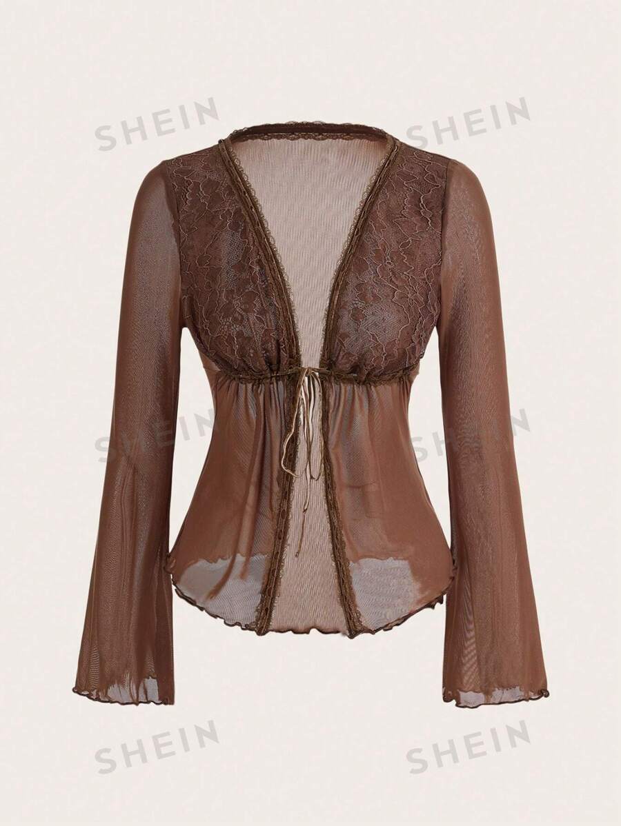 SHEIN ICON Hippie Contrast Lace Tie Front Mesh Top | SHEIN USA
