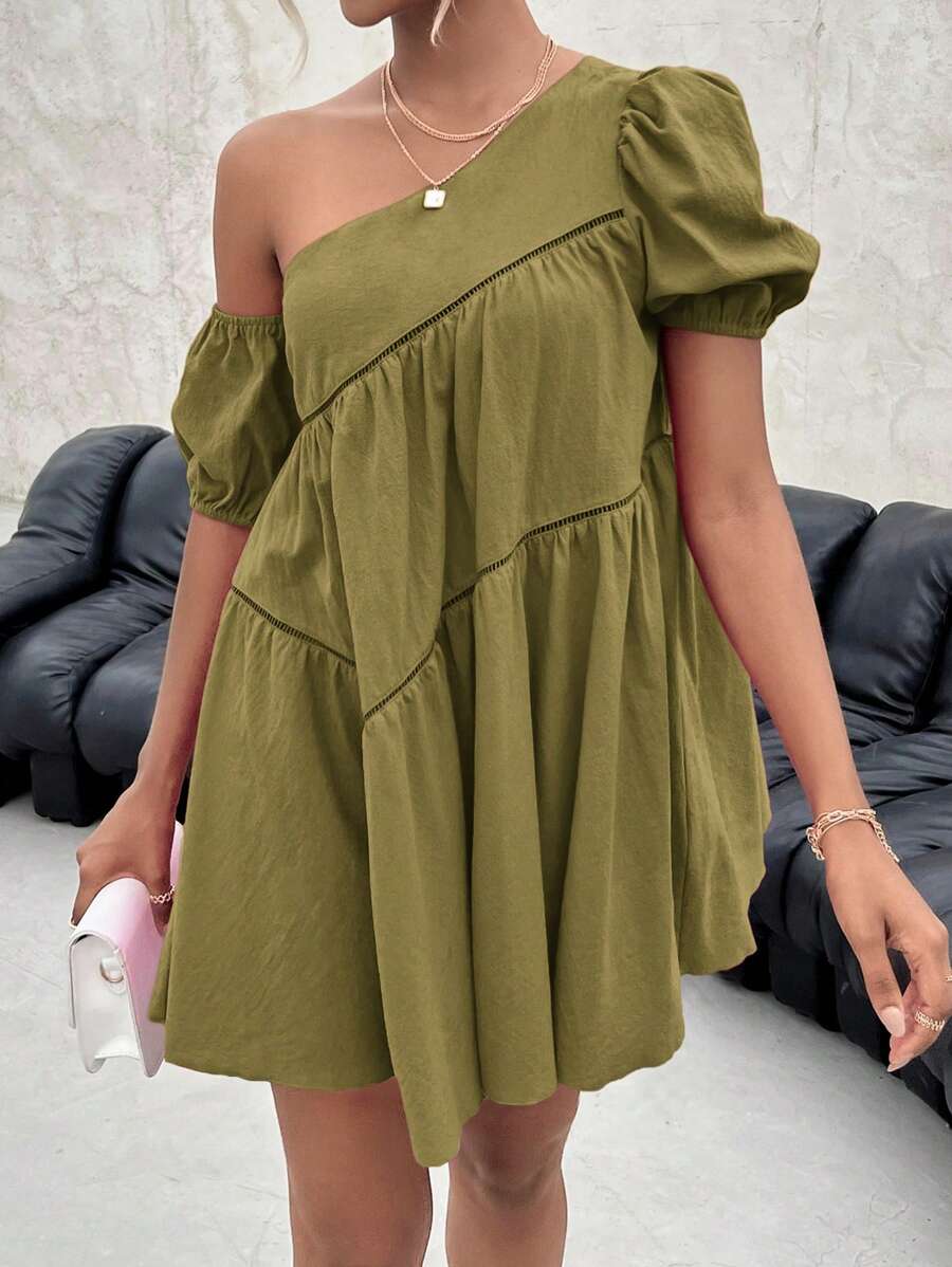 Firerie Asymmetrical Neck Puff Sleeve Smock Dress | SHEIN USA