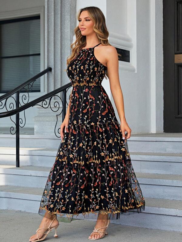 Simplee Floral Embroidery Mesh Overlay Dress | SHEIN USA