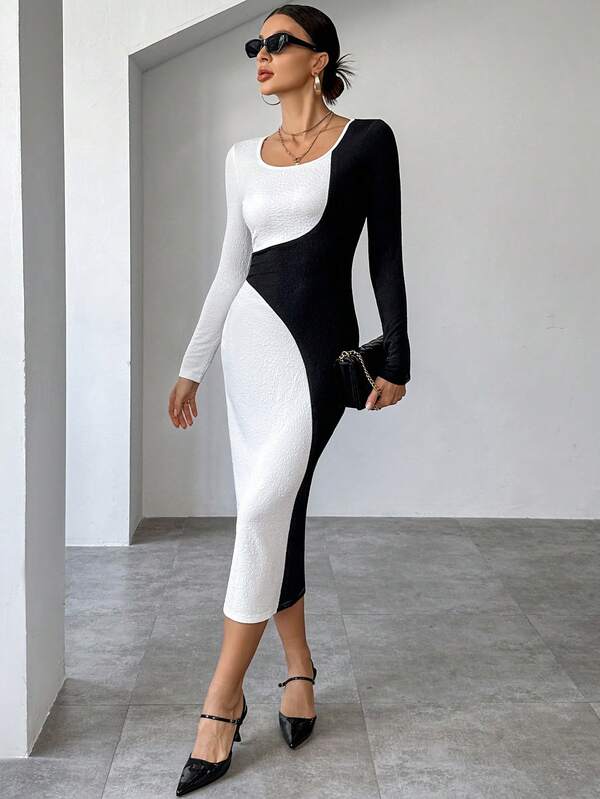SHEIN Essnce Two Tone Split Thigh Bodycon Dress | SHEIN USA