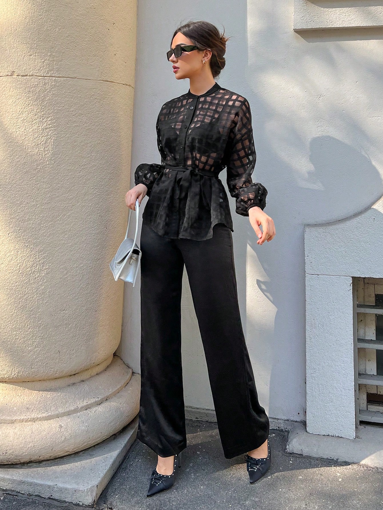 SHEIN Privé Sheer Belted Blouse Without Bra | SHEIN USA