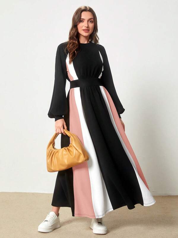 SHEIN Mulvari Colorblock Lantern Sleeve Dress | SHEIN USA