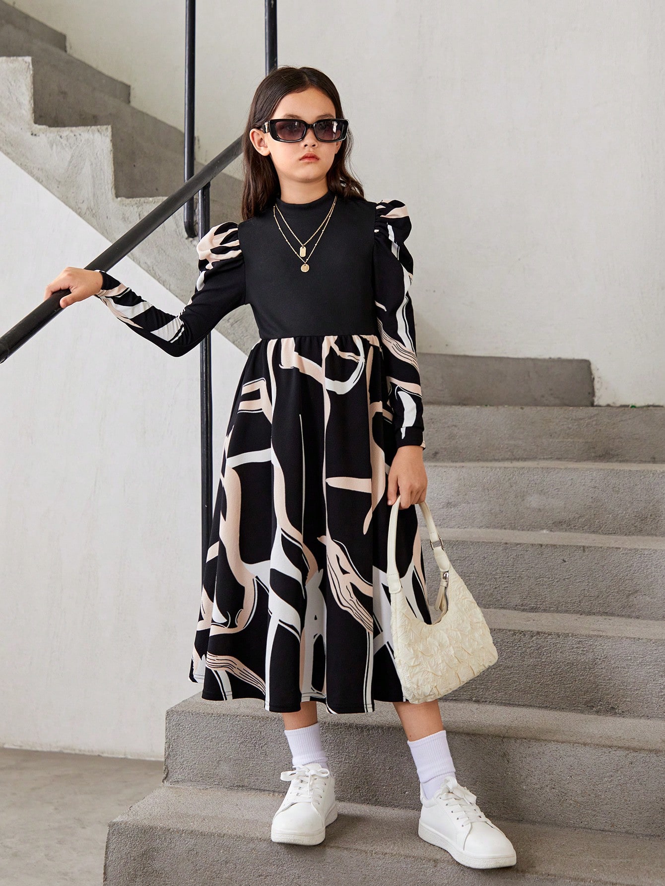 SHEIN Tween Girl's Long Sleeve 2 In 1 Long Dress, Geometric Patterns ...