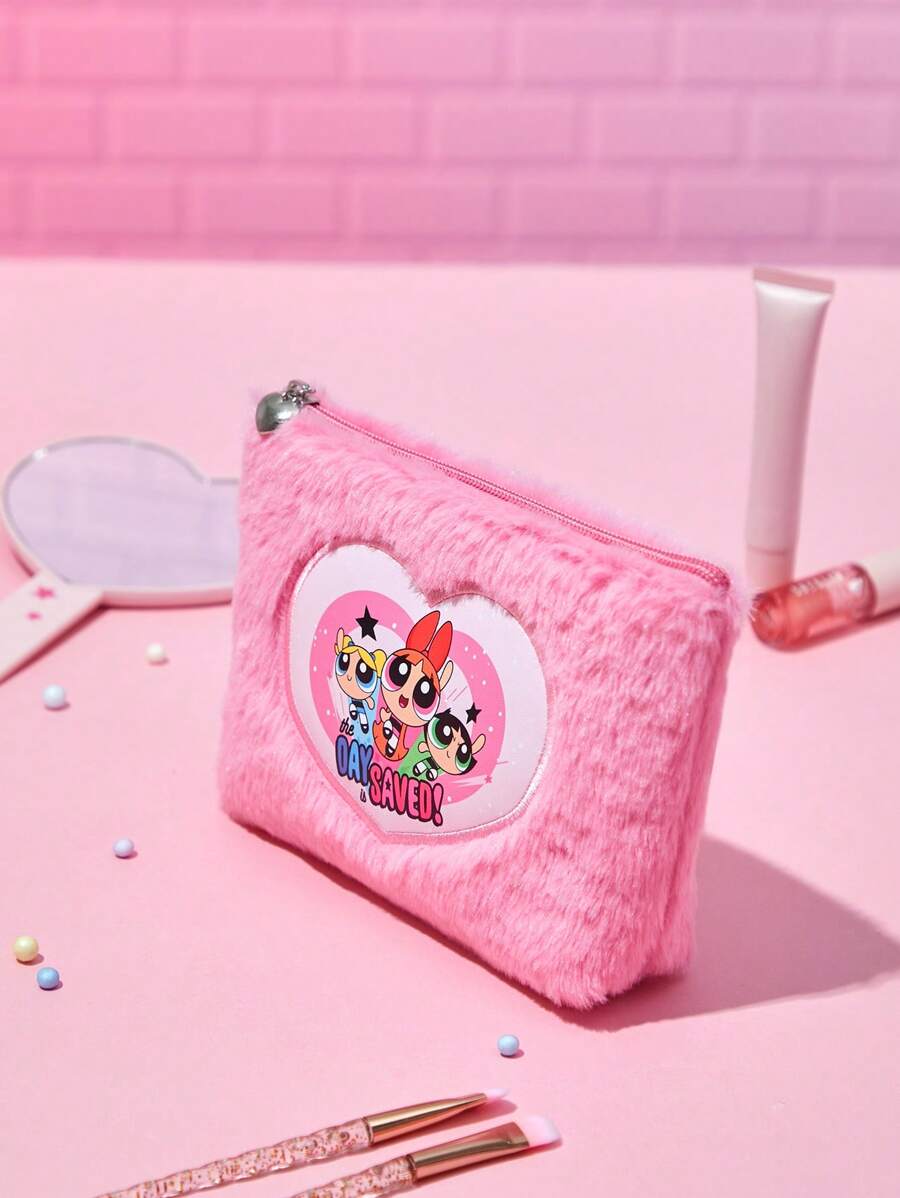 THE POWERPUFF GIRLS X SHEIN Pink Plush Makeup Bag With Heart Pattern ...