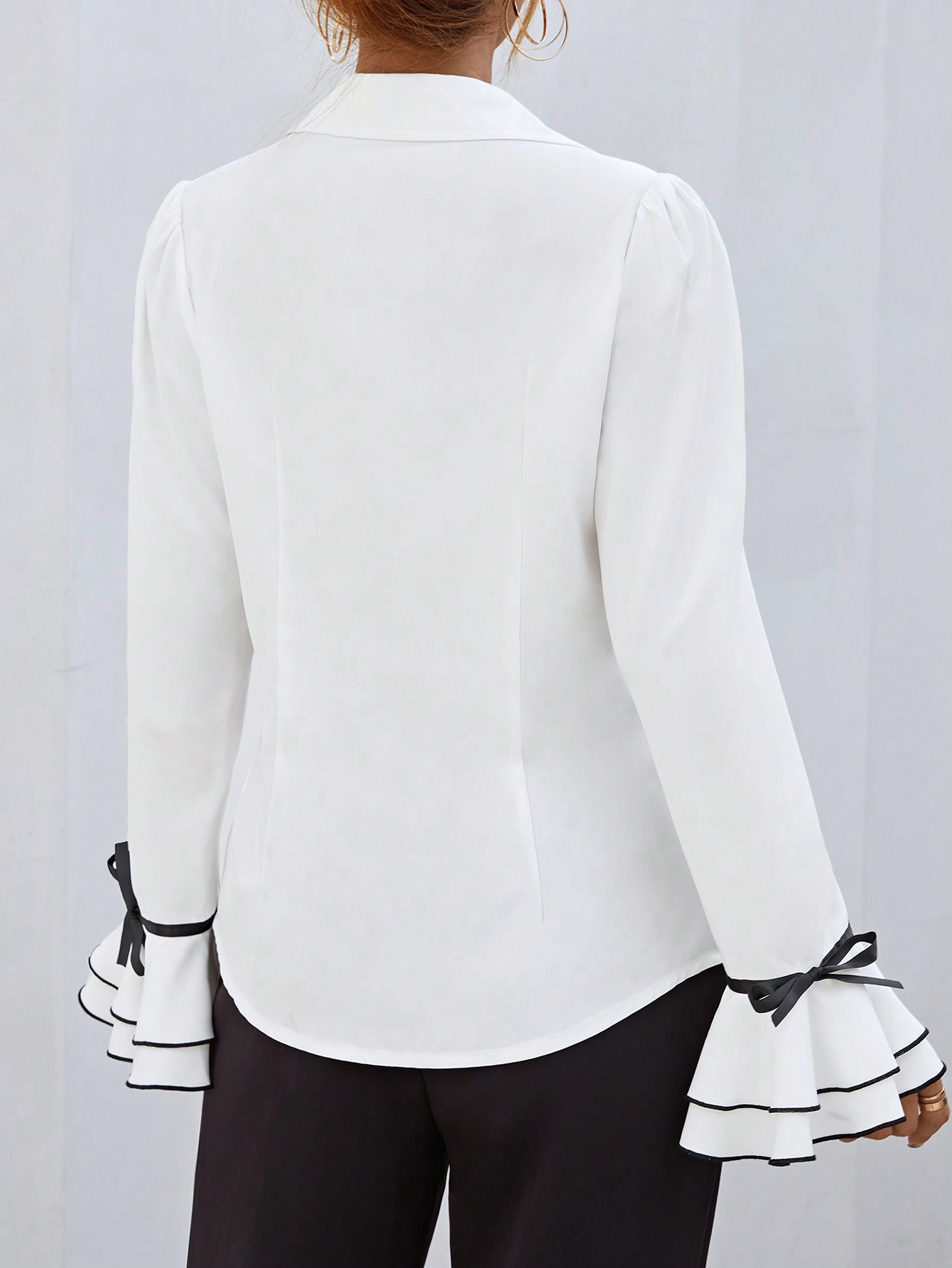 SHEIN Privé Contrast Binding Ruffle Trim Flare Sleeve Shirt | SHEIN UK