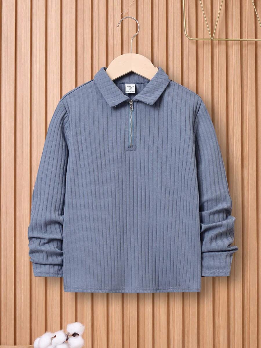 SHEIN Tween Boy Ribbed Knit Quarter Zip Polo Shirt | SHEIN USA