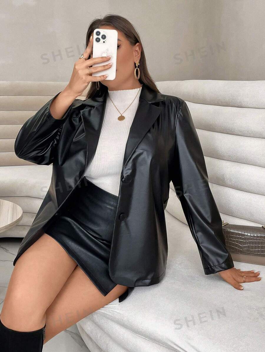 SHEIN Privé Plus Lapel Neck PU Leather Jacket | SHEIN USA