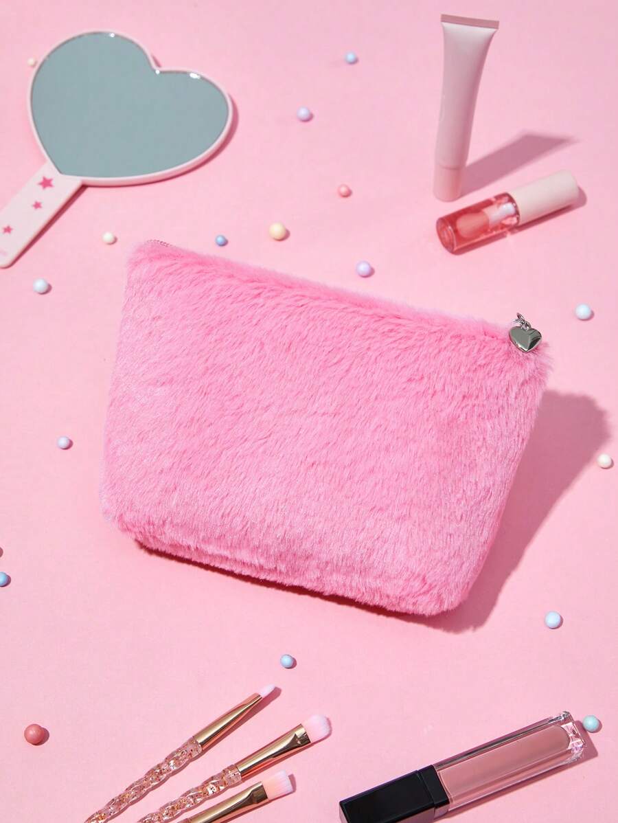THE POWERPUFF GIRLS X SHEIN Pink Plush Makeup Bag With Heart Pattern ...