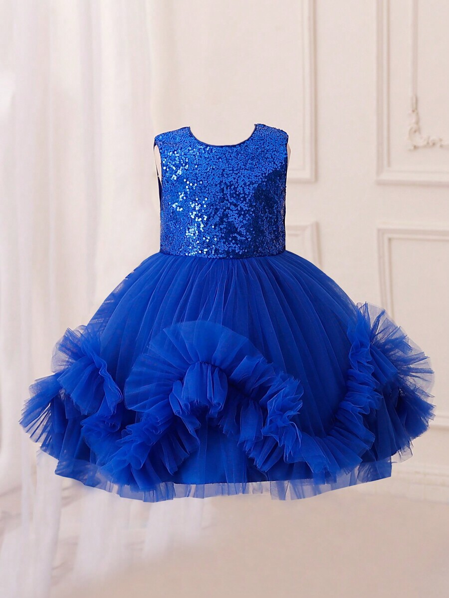 SHEIN Glamorique Kids Young Girl Glitter Mesh Splice Dress With Train ...