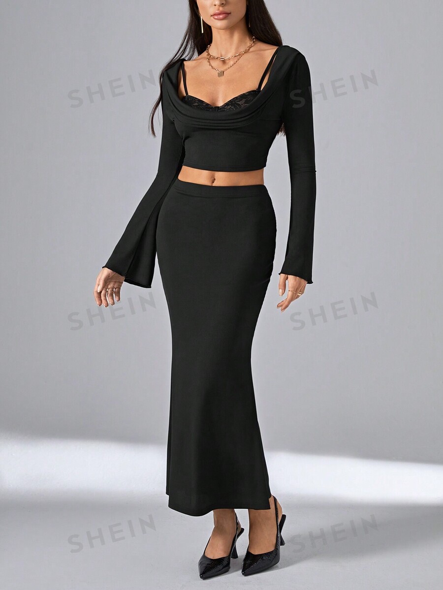 SHEIN Privé scollatura asimmetrica Top corto & Gonna con orlo a sirena ...