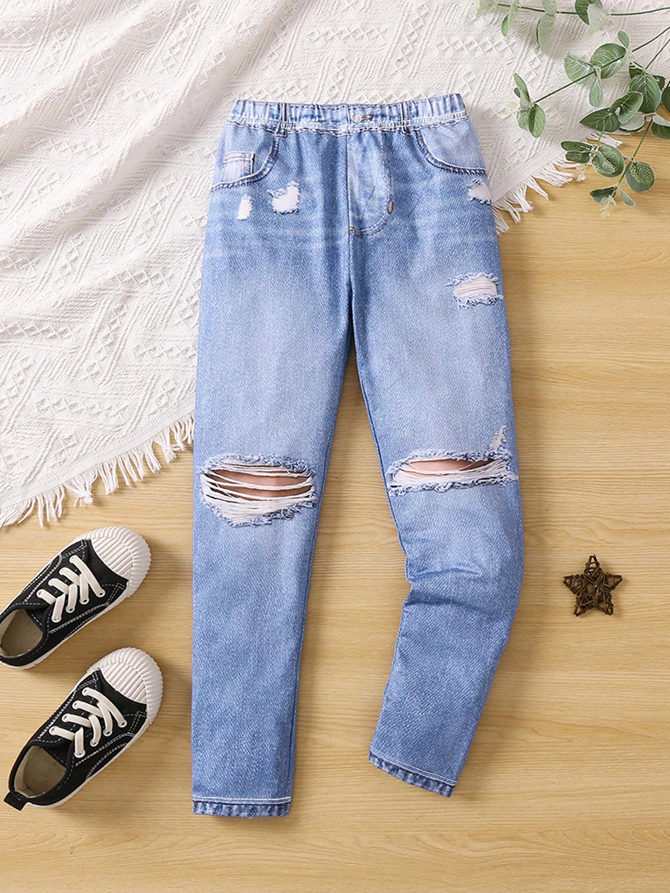SHEIN Kids Cooltwn Big Girls' Distressed Gradient Denim Skinny Jeans ...