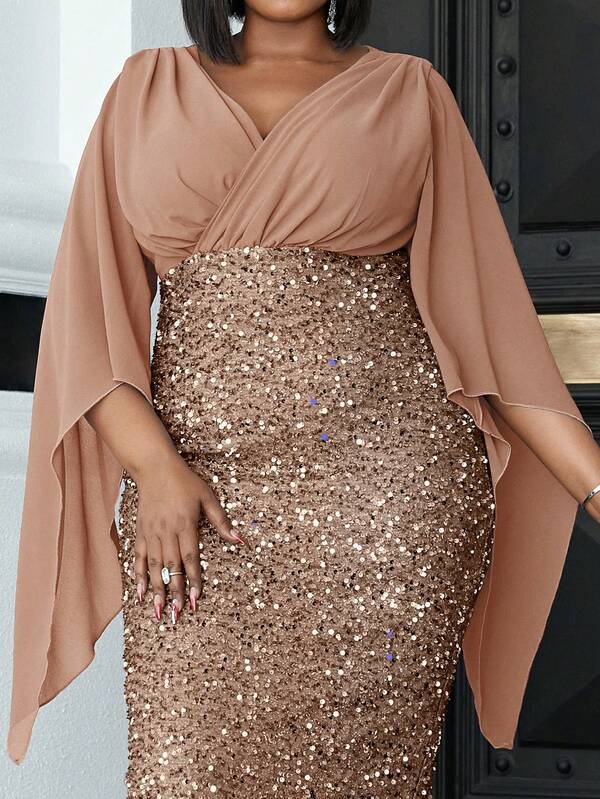 seomiscky Plus Overlap Collar Cloak Sleeve Slit Back Contrast Sequin ...