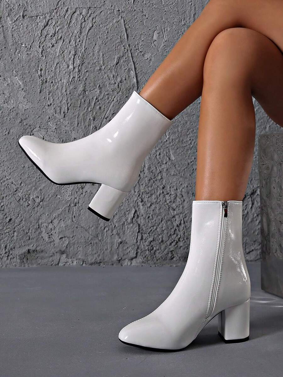 Women's New Fashion Basic White Ankle Boots, Square Toe Chunky Heel ...
