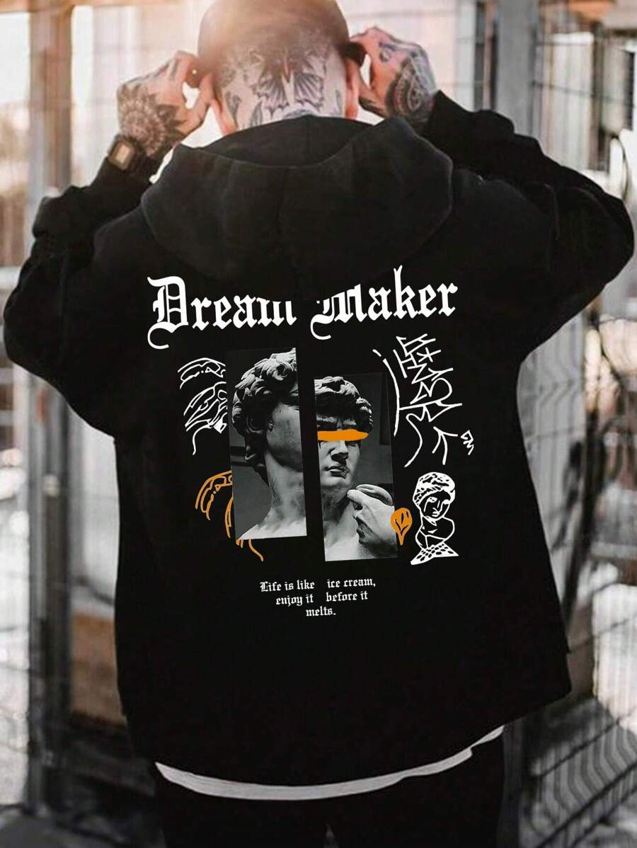 Manfinity EMRG Men Plus Sculpture & Slogan Graphic Drawstring Hoodie | SHEIN USA