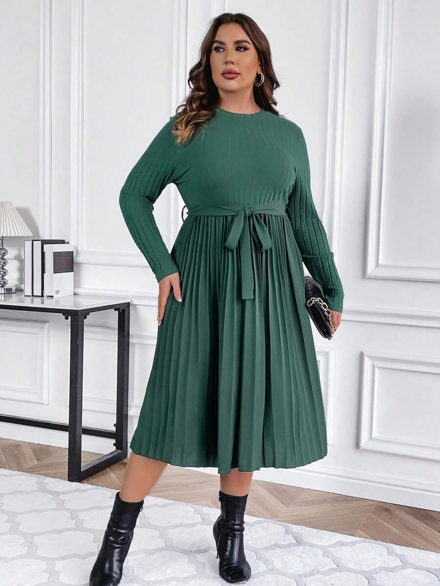 SHEIN Clasi Taglie Forti Abiti monocolore con cintura orlo plissettato ...