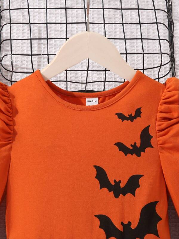 SHEIN Tween Girl Bat Print Puff Sleeve Mesh Hem Dress | SHEIN USA