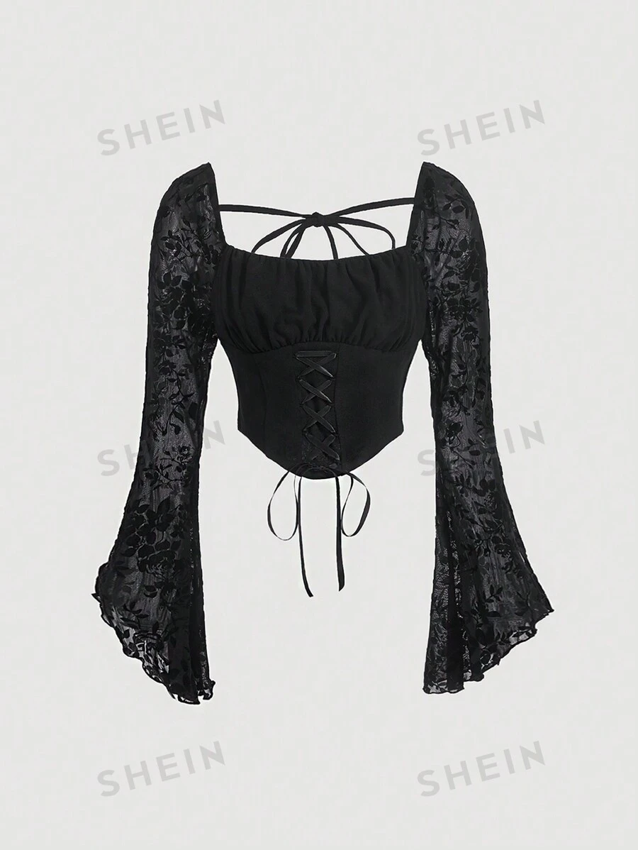 SHEIN MOD Contrast Floral Mesh Ruched Bust Lace Up Front Split Sleeve ...