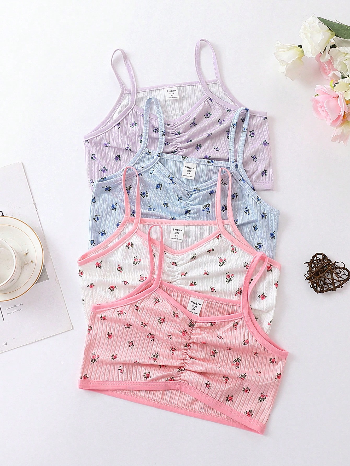 Garota pré-adolescente 4Peças Impressão Floral Dits Frente Pregueada ...