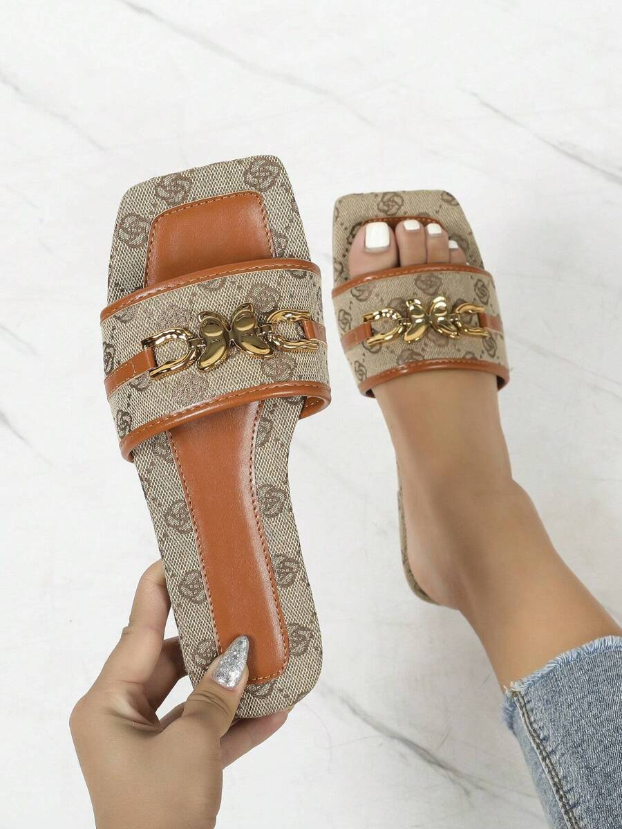 Women's Retro Floral Flat Square Toe Casual Comfortable Outdoor Slide ...