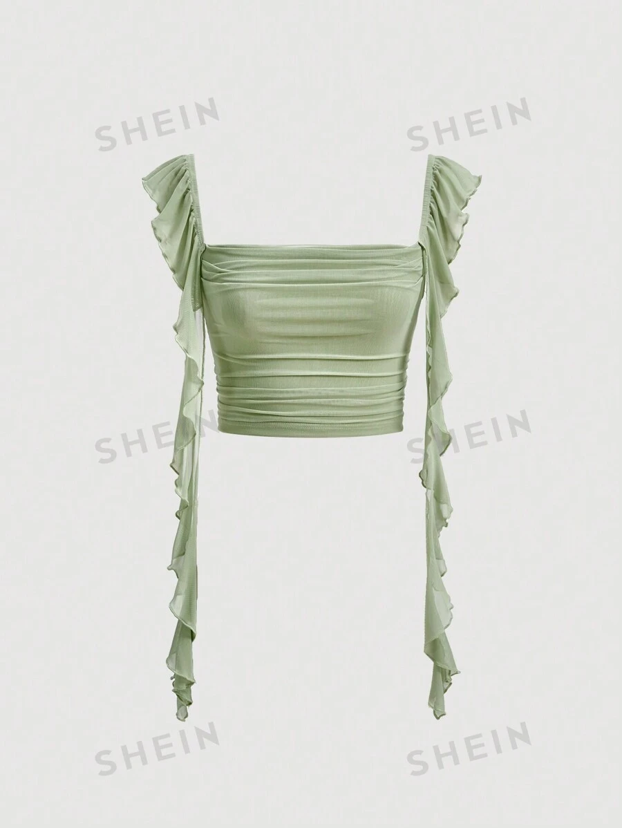 SHEIN MOD Ruffle Trim Ruched Crop Green Ribbon Top,Flamenco Dress for ...