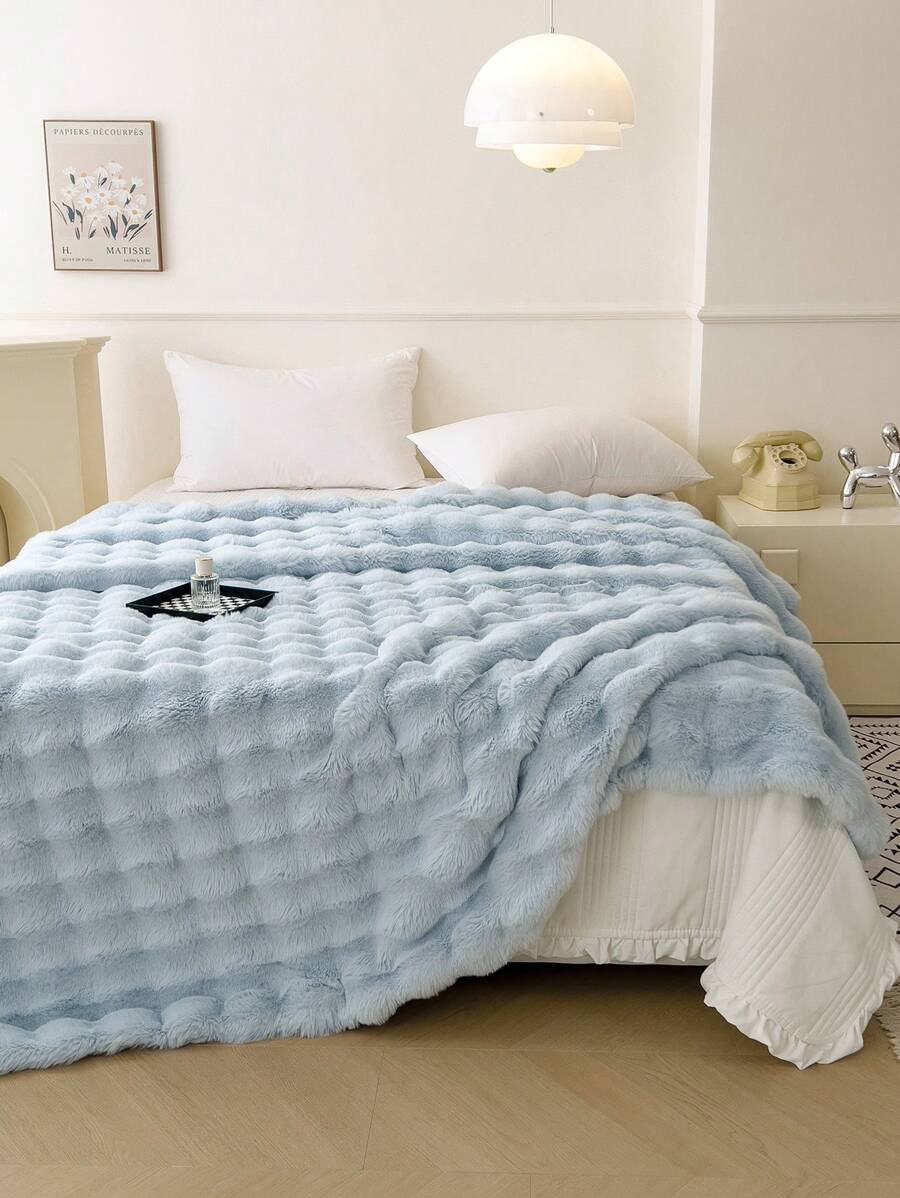 1pc Polyester Light Blue Rabbit Fur Long Plush Blanket For Bed, Winter ...