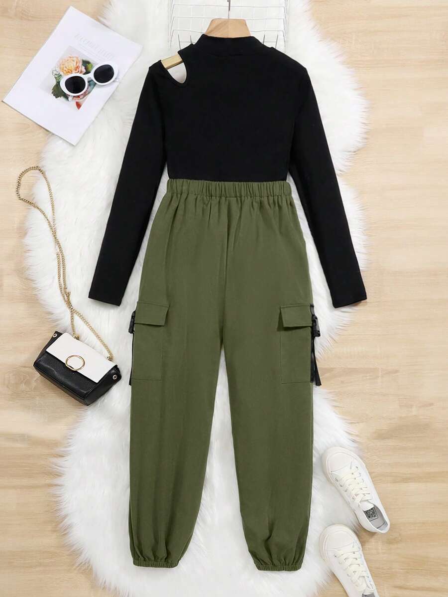 Teen Girl Cut Out Tee & Flap Pocket Cargo Pants | SHEIN USA