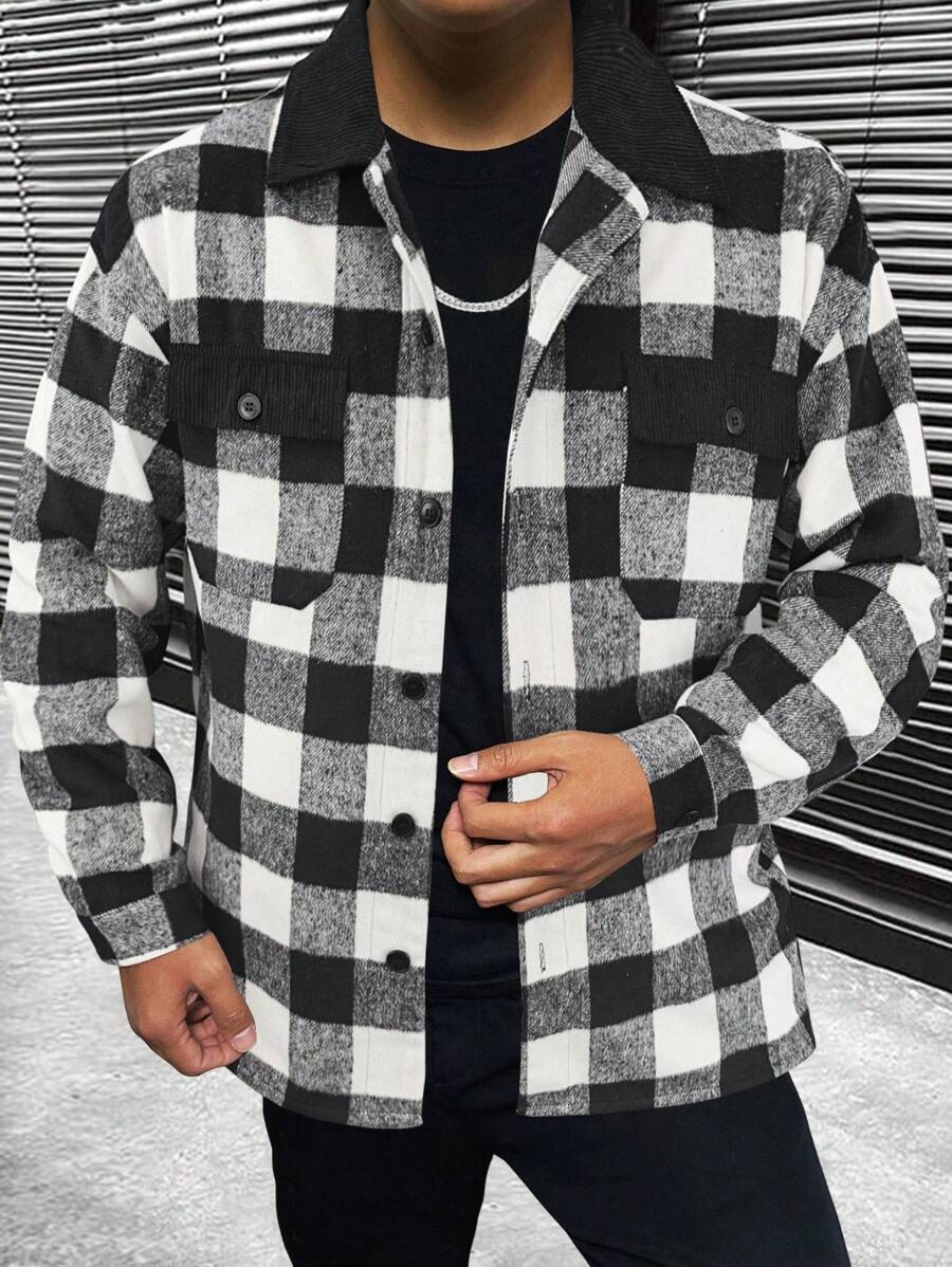 Manfinity Homme 1pc Loose Men's Buffalo Plaid Print Drop Shoulder Shacket With Flap Pockets ...