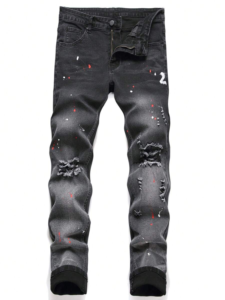 Manfinity Homme Men Splash Ink Print Ripped Frayed Bleach Wash Jeans ...