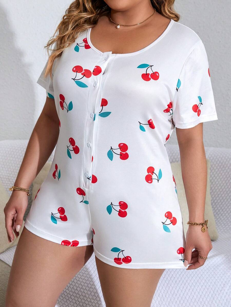 SHEIN Plus Cherry Print Button Front Sleep Romper, Pajama Romper ...