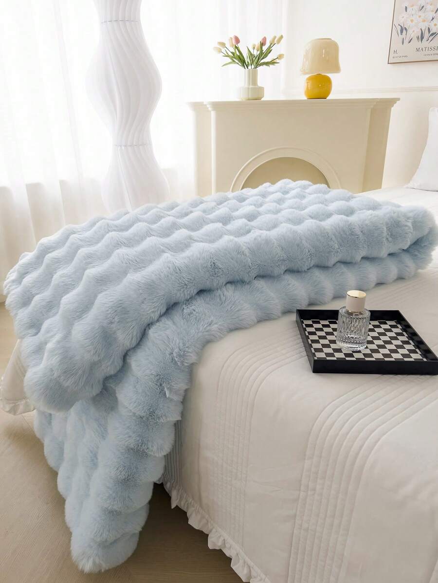 1pc Polyester Light Blue Rabbit Fur Long Plush Blanket For Bed, Winter ...
