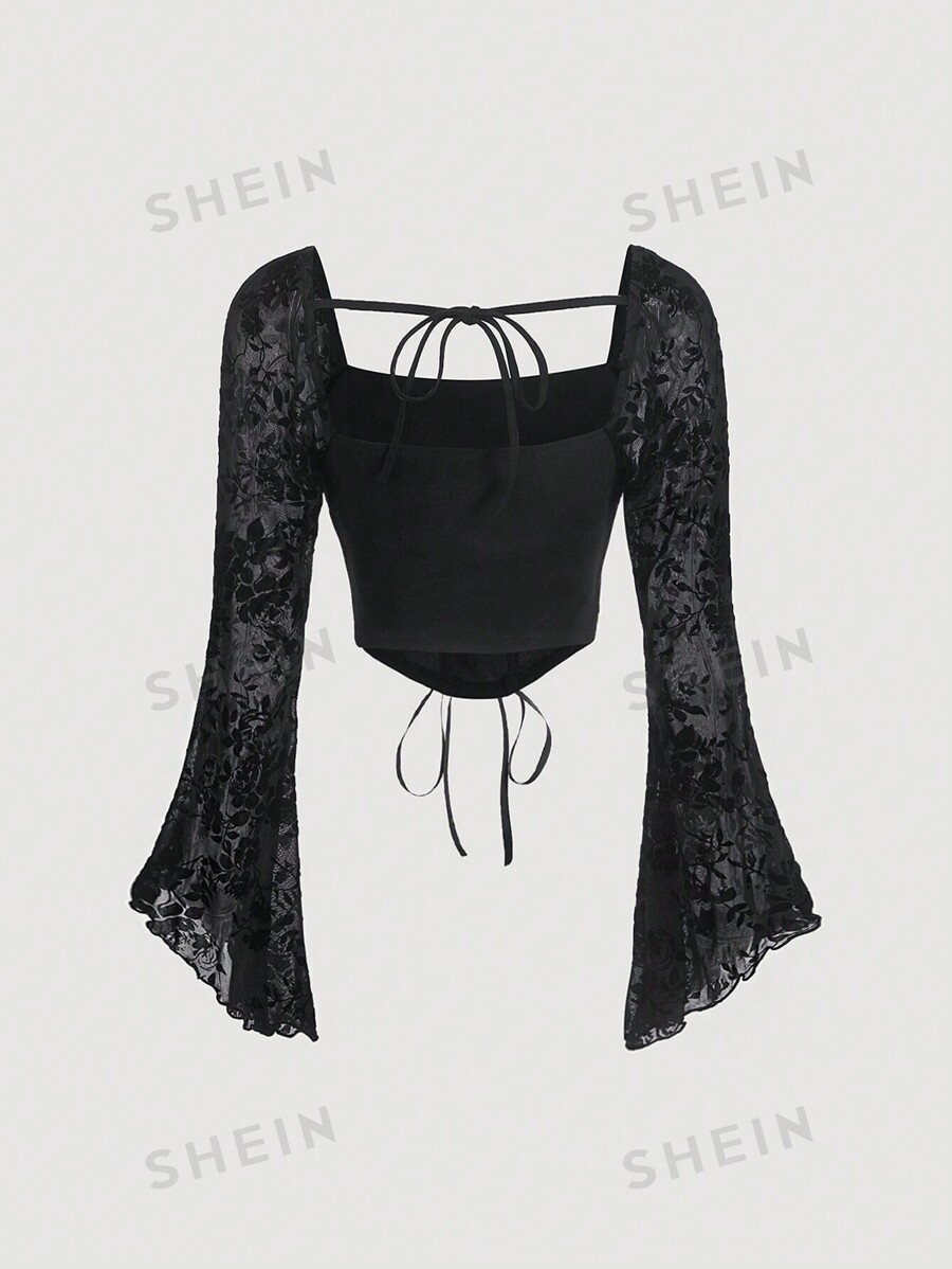 SHEIN MOD Contrast Floral Mesh Ruched Bust Lace Up Front Split Sleeve ...