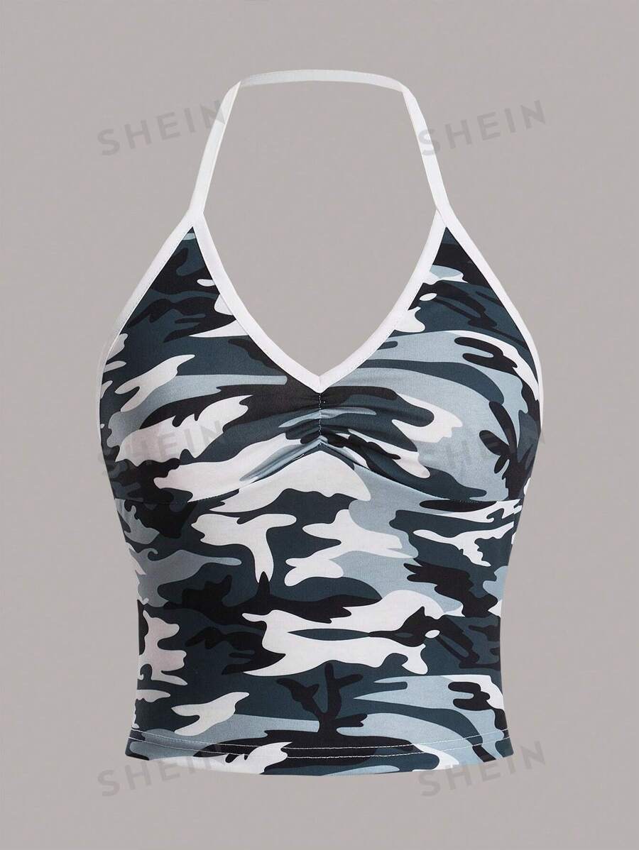 Shein Ezwear Camo Print Contrast Binding Halter Top For Sale Australia