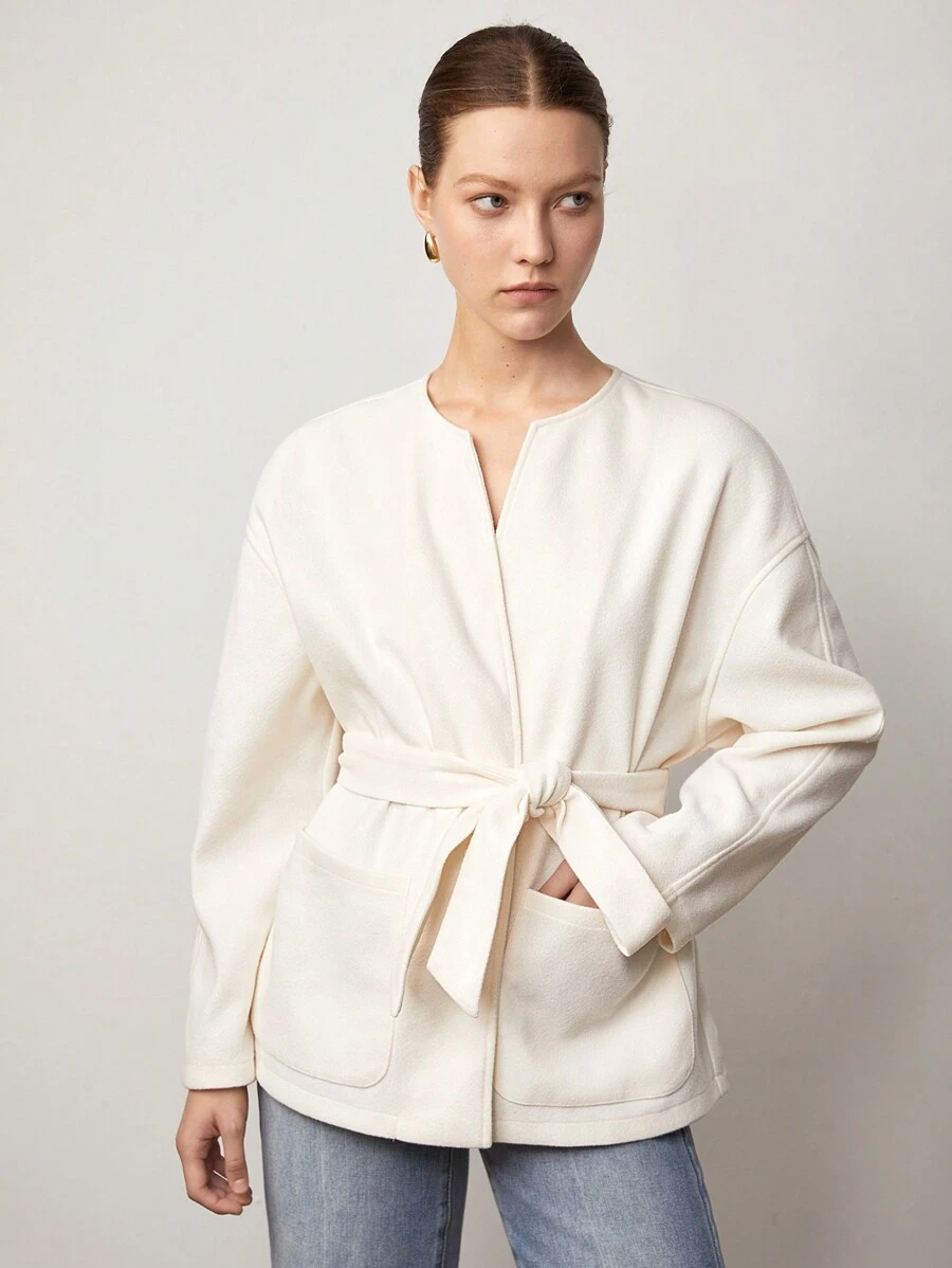 BizChic Solid Flap Pocket Belted Overcoat | SHEIN USA
