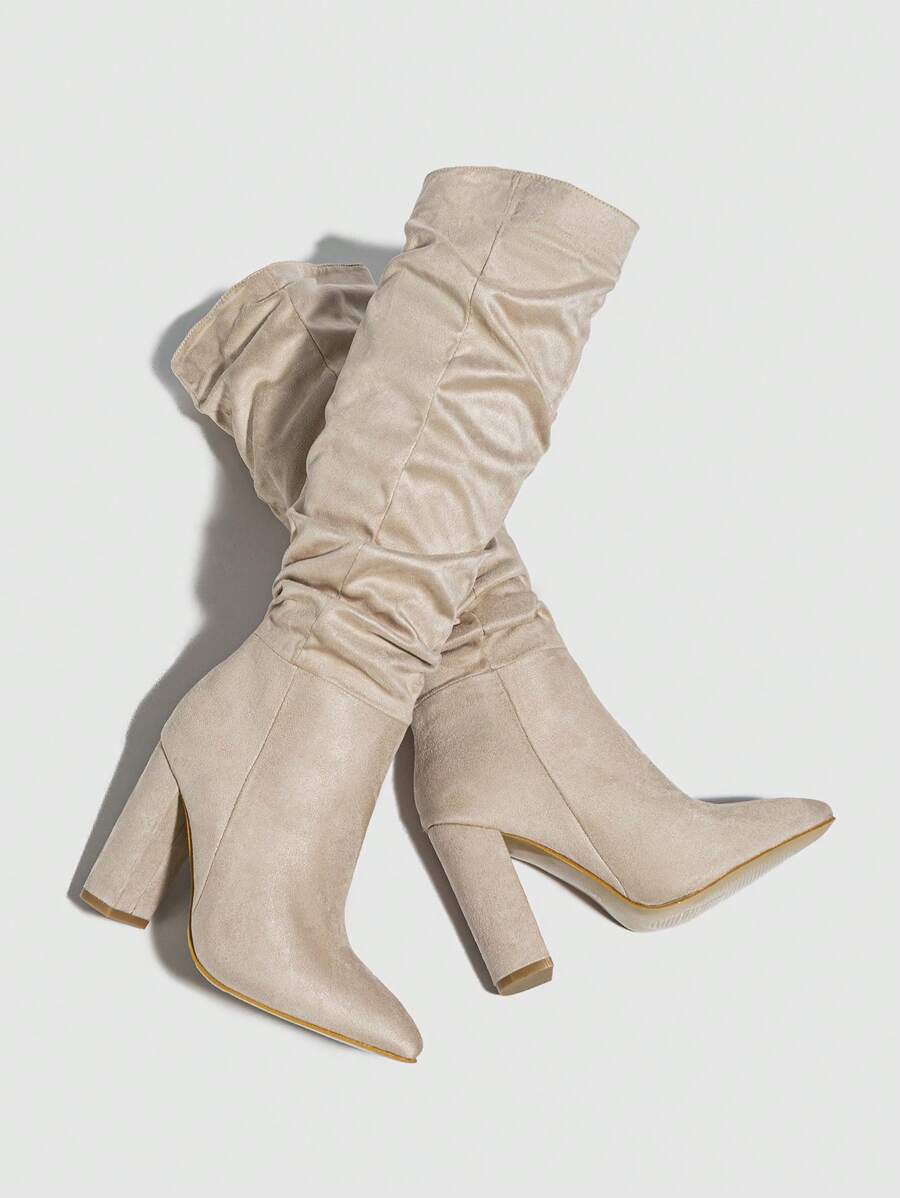 Ladies' Pointed Toe Wrinkled Chunky High Heel Slip-on Fashion Boots ...