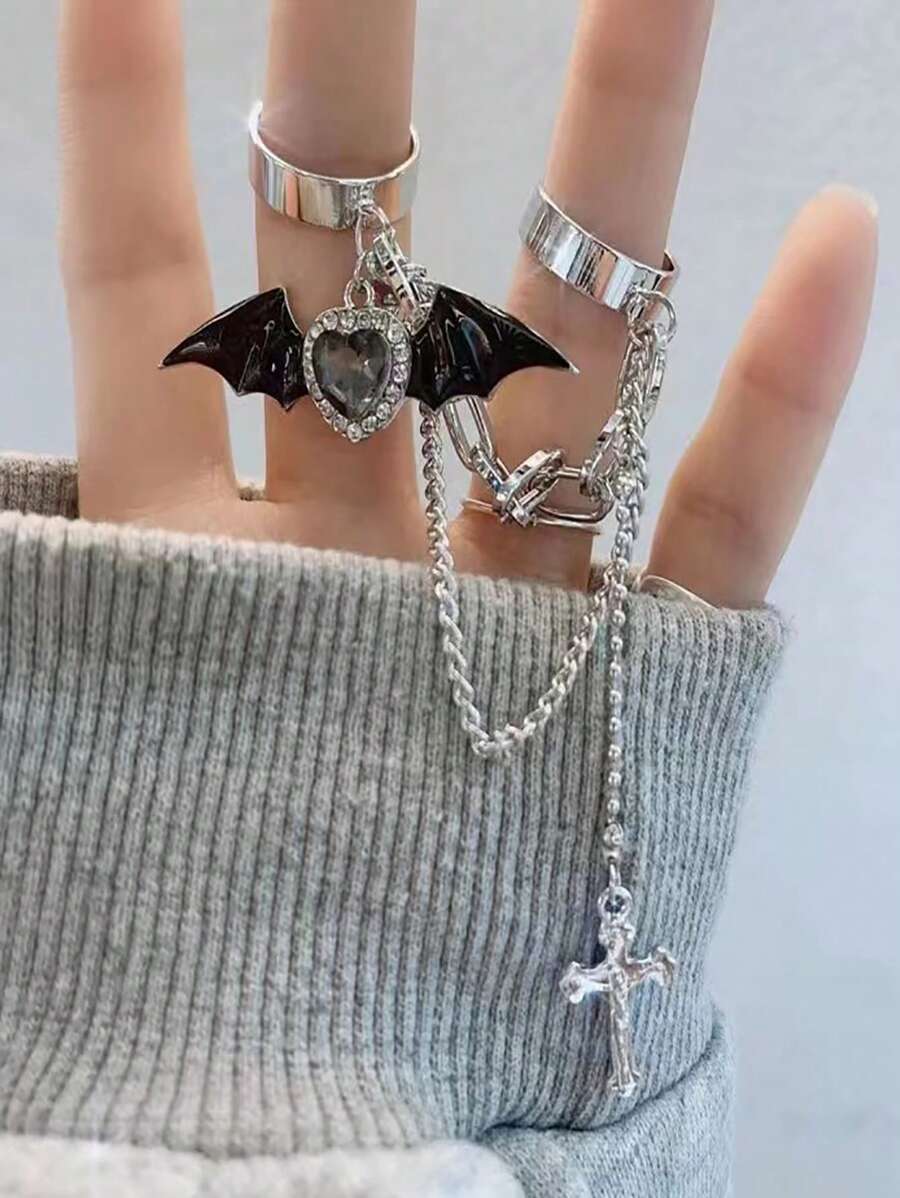 ROMWE Goth 1Pc Fashion Iron Alloy Bat Wing & Heart Decor Mitten Ring ...